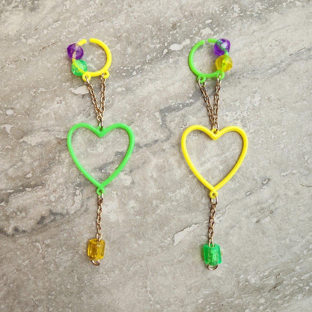 90s Vintage Lisa Frank Inspired Dangle Clip-on Cuff Earrings Green and ...