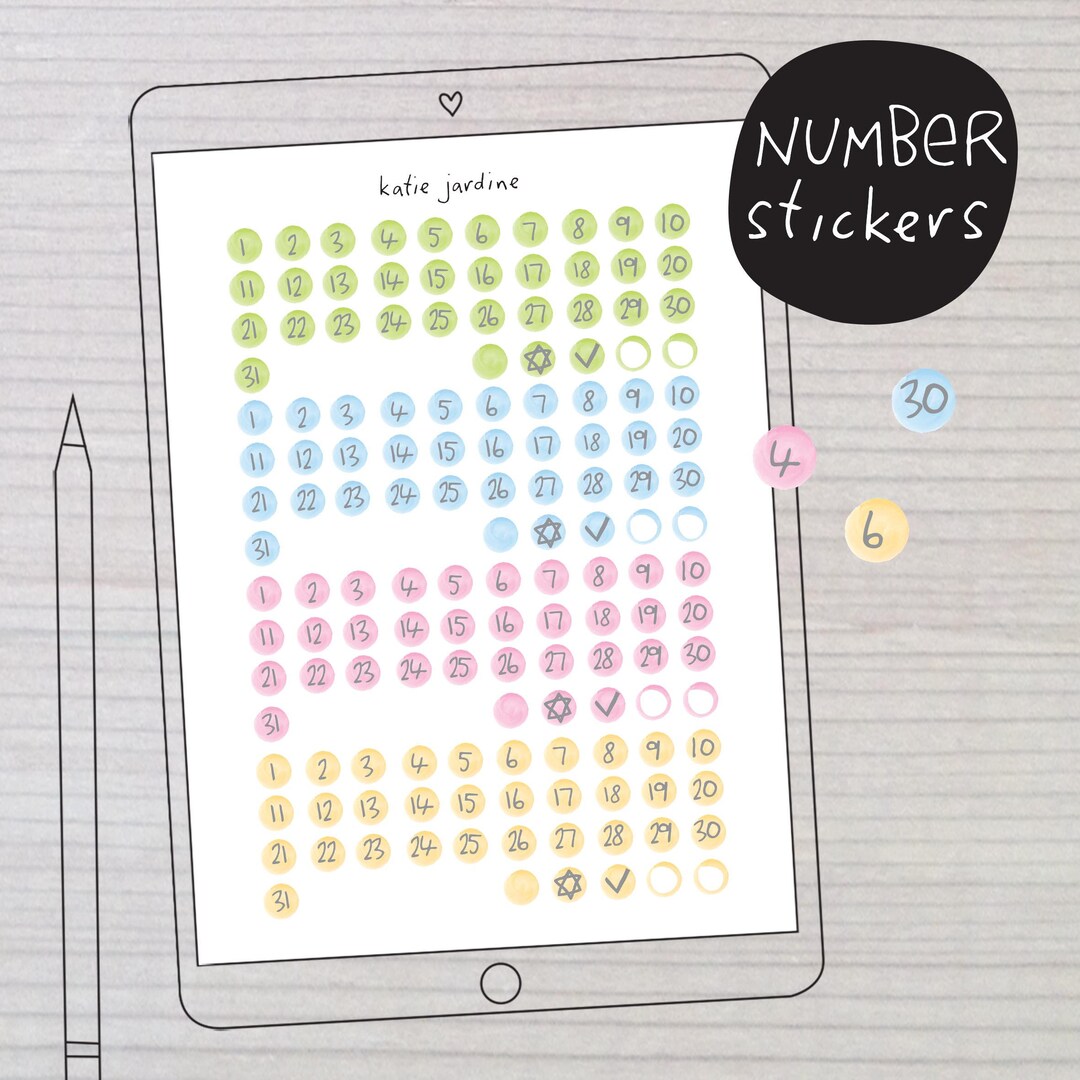 1-31 Watercolour Number Digital Sticker, Hand Painted Digital Stickers ...