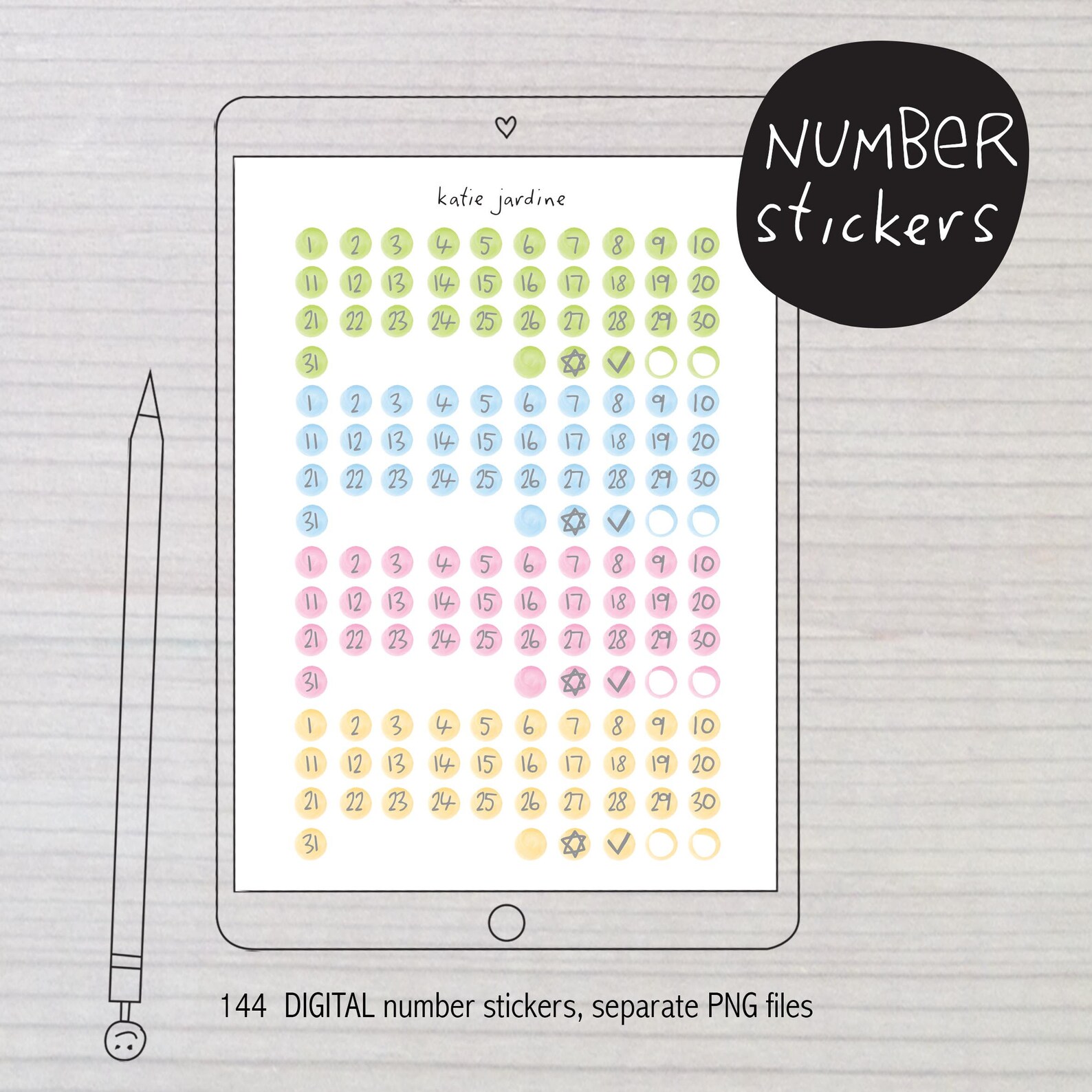 1-31 Watercolour Number Digital Sticker, Hand Painted Digital Stickers ...