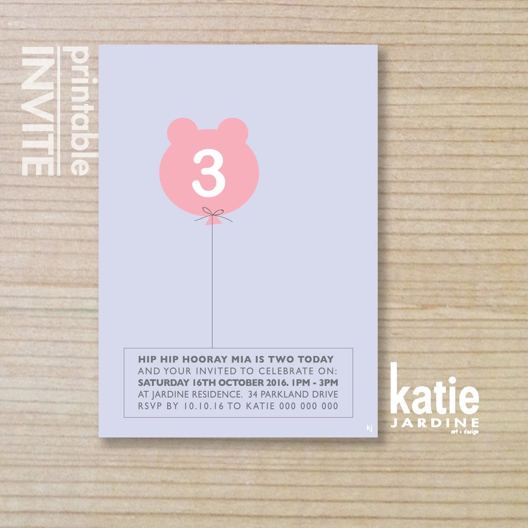Girls Invitation Kids Invitation Printable Invitation Bear Balloon ...