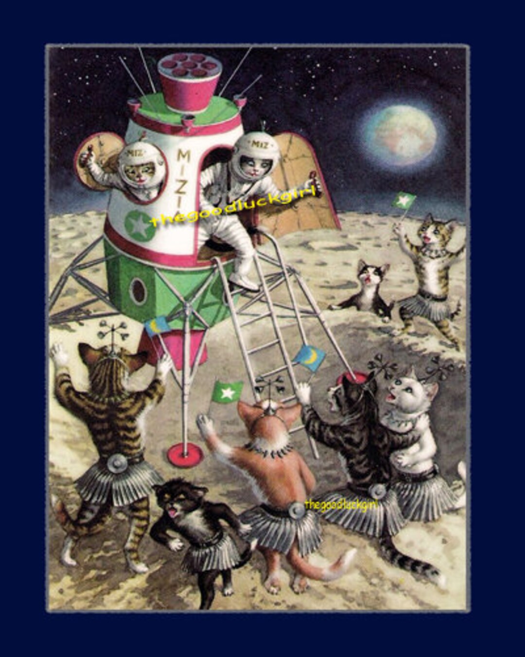 Vintage SPACE CATS 8X10 UFO Alien Kittens Postcard Art Reproduction ...