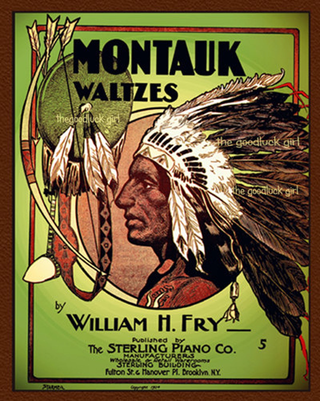 Native American MONTAUK Indian Full Headdress 8x10 Vintage Sheet Music ...