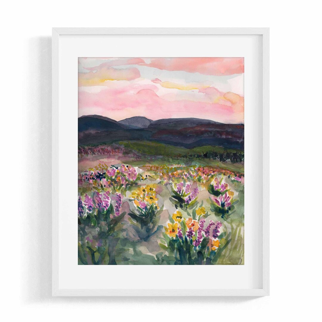 Sunset Flower Field Print, Whimsical Landscape Art, Purple + Yellow ...