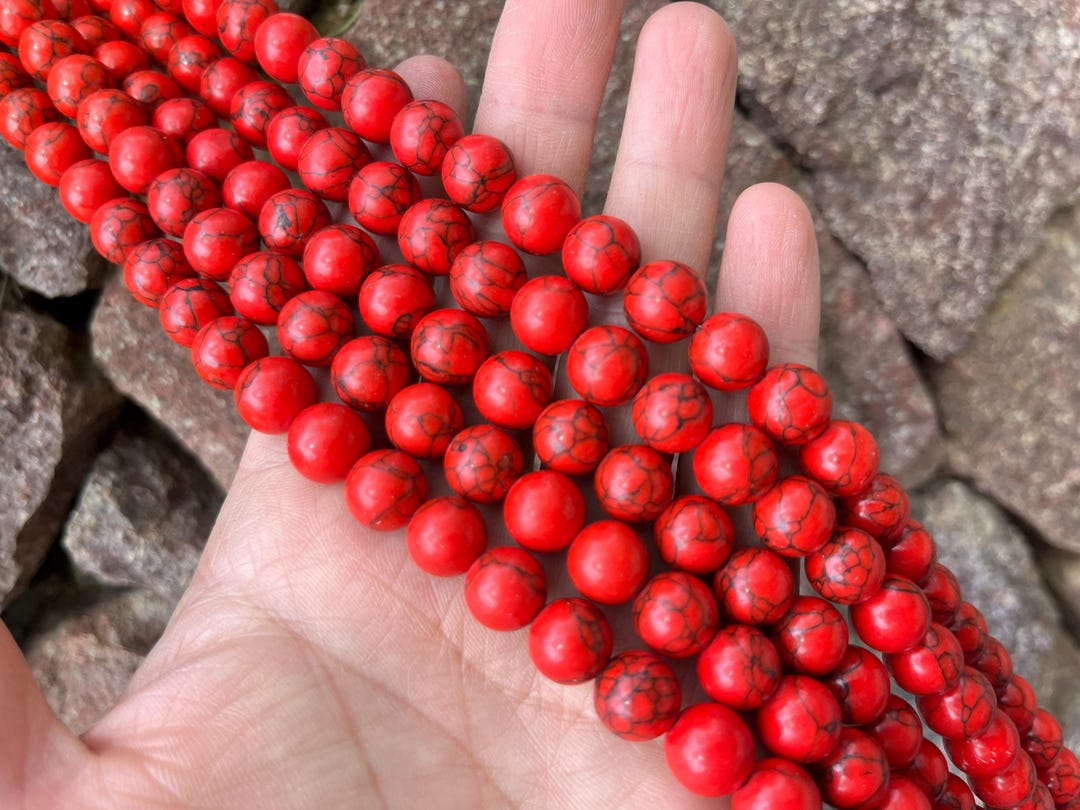Red Turquoise Gemstone Beads, Black Vein, Jewelry Making (15.5