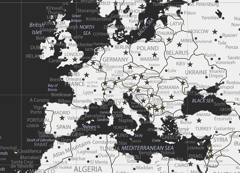 Detailed 30x40 World Travel Map, Grey, Black, Dark Blue Colors, World ...
