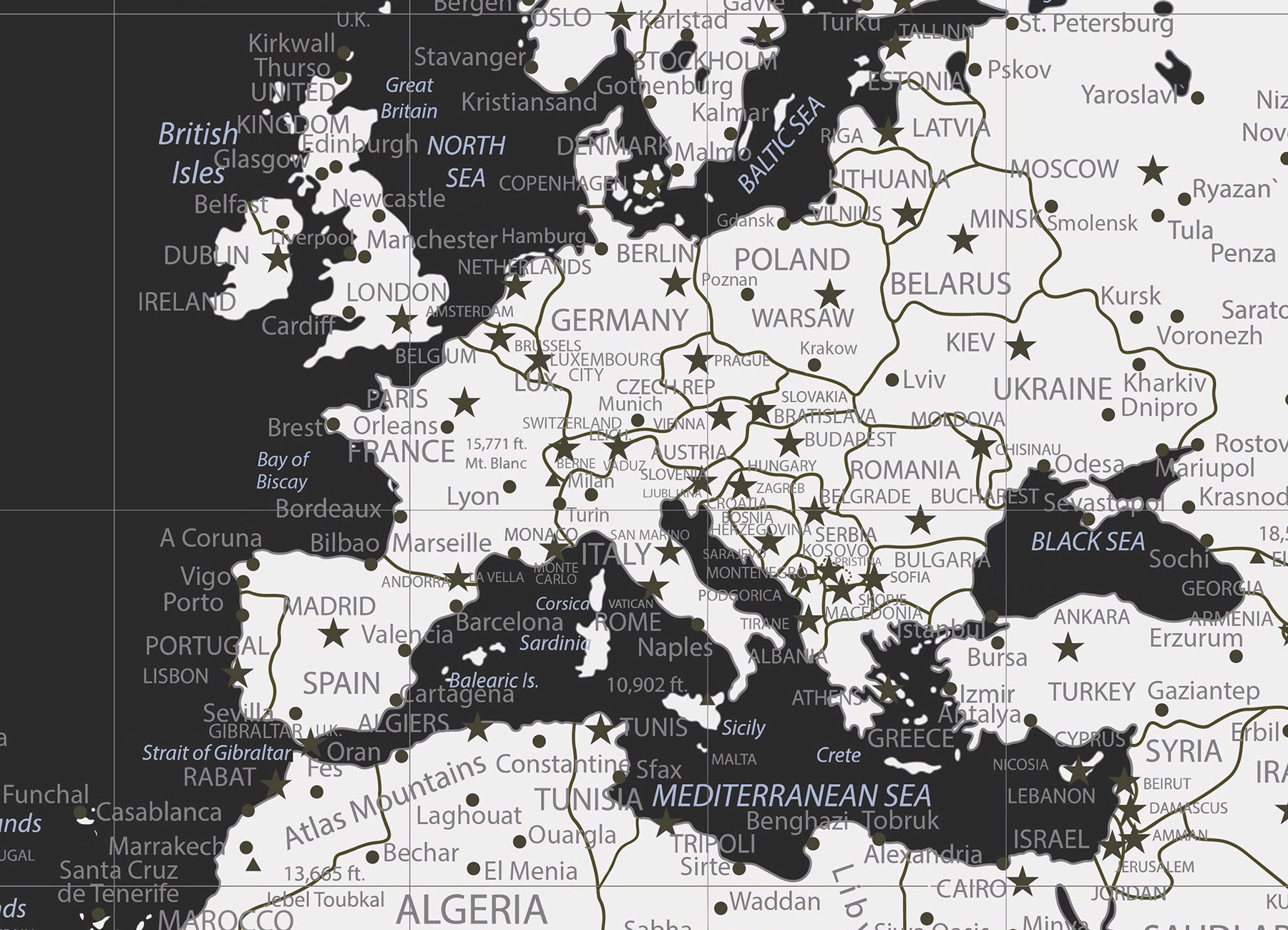 Detailed 30x40 World Travel Map Grey Black Dark Blue | Etsy