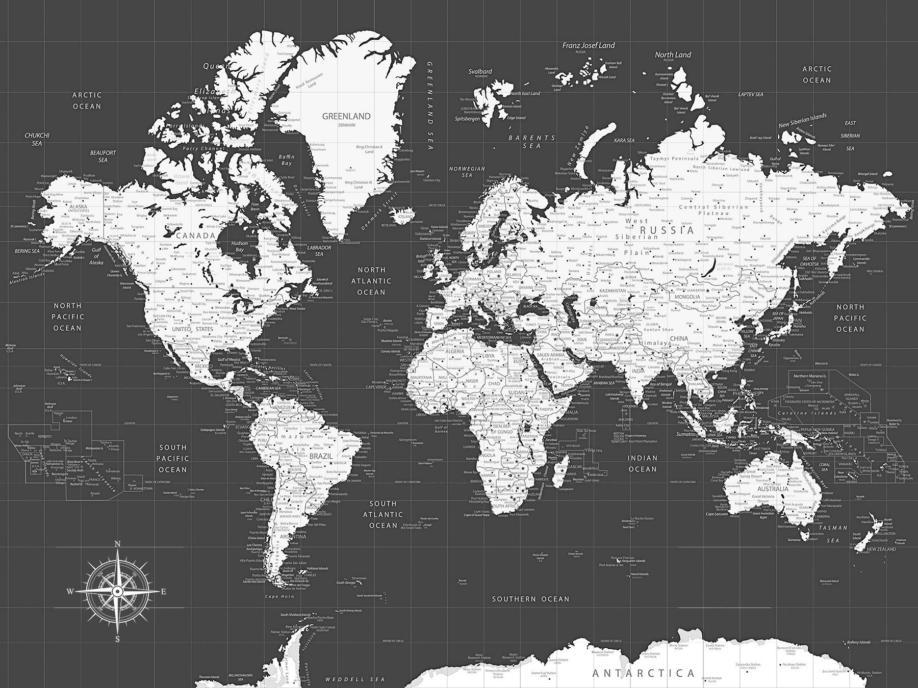 Detailed 30x40 World Travel Map, Grey, Black, Dark Blue Colors, World ...