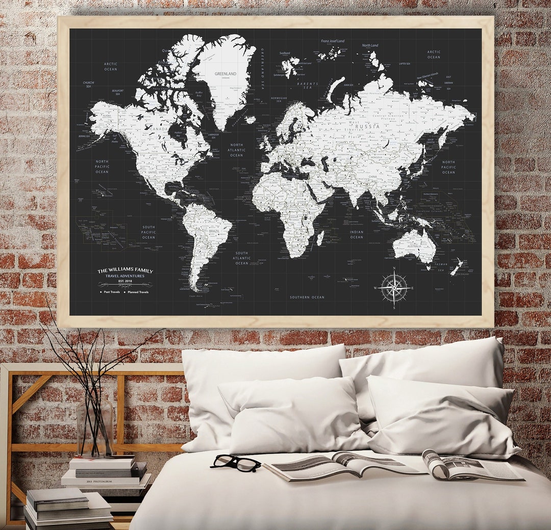 Customized World Map on Pin Board, Mounted on 3/16" Foam Board, Large ...