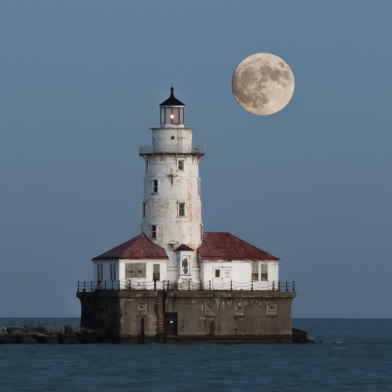 Moon Photography Supermoon Over Chicago Lighthouse Full - Etsy