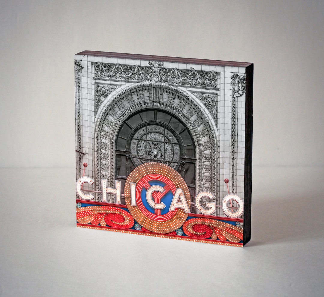Chicago Desk Art, Chicago Theatre Neon Sign, Print Mounted on Wood ...