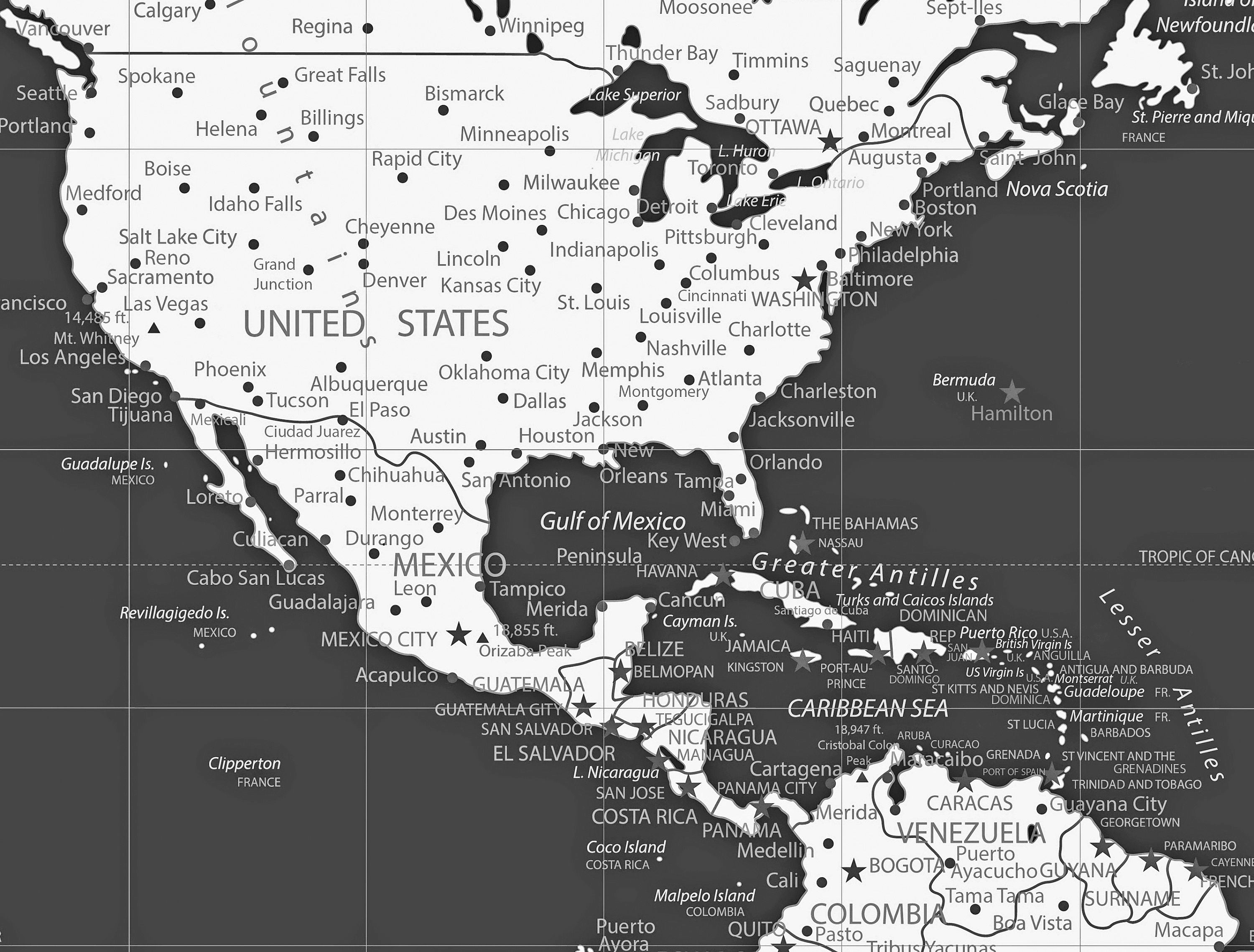 Detailed 30x40 World Travel Map, Grey, Black, Dark Blue Colors, World ...