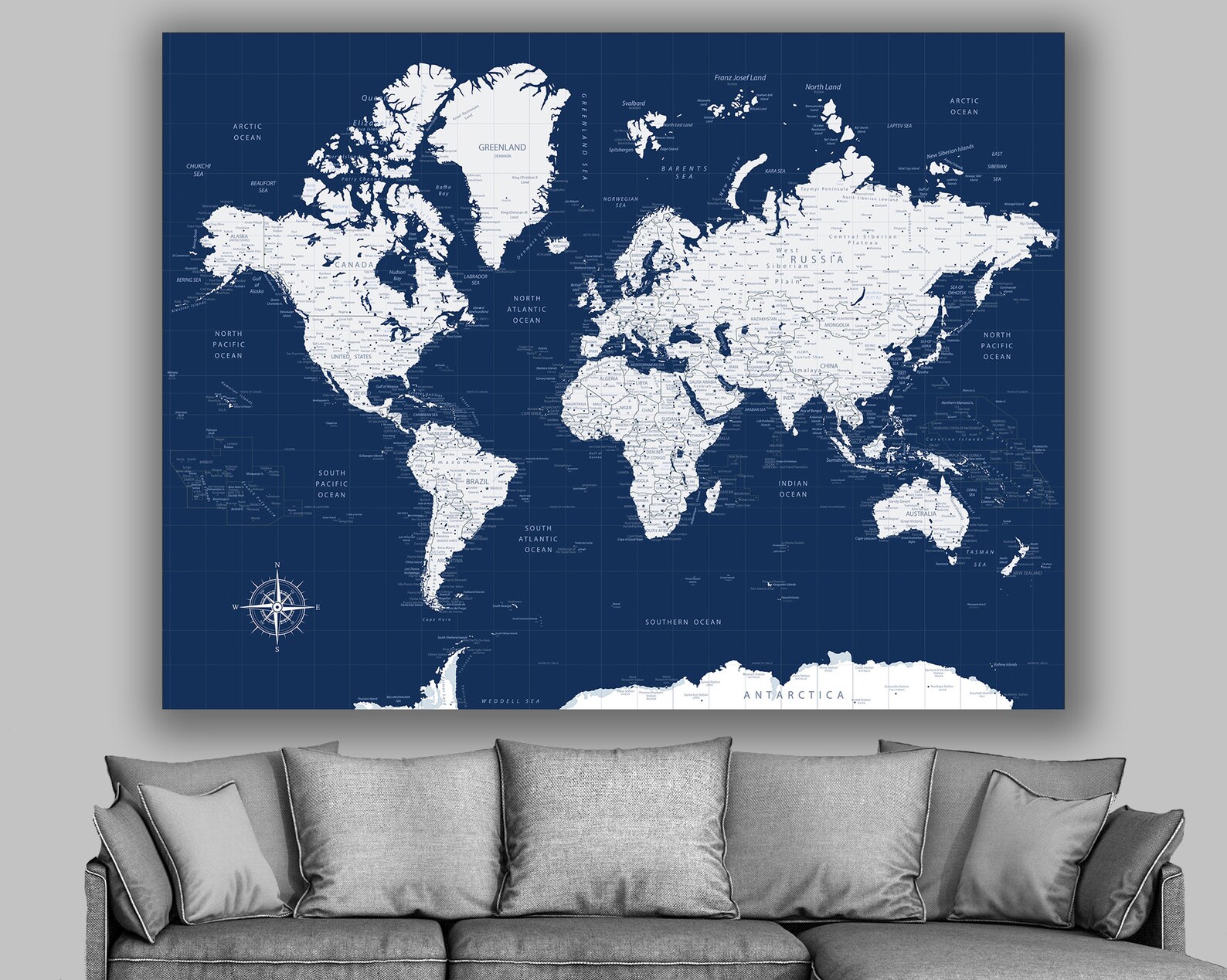 Detailed 30x40 World Travel Map, Grey, Black, Dark Blue Colors, World ...