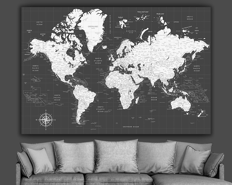 B&W World Map Canvas Wall Art Travel Map Grey Black White - Etsy