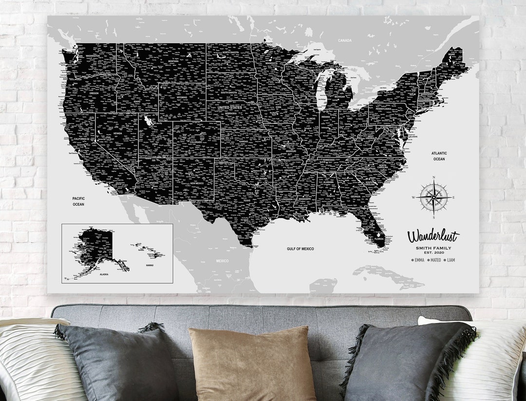 USA Canvas - Push Pin Travel Map, Highly Detailed, Ready to Hang, Sizes ...