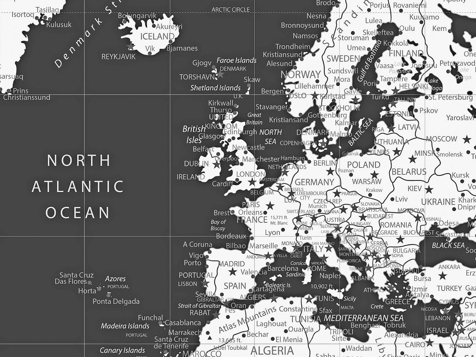 B&W World Map, Canvas Wall Art, Travel Map, Grey Black White Tones ...
