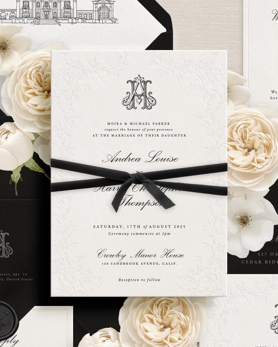 Black Letterpress Wedding Invitation Suite: Blind Deboss, Thick Cotton ...
