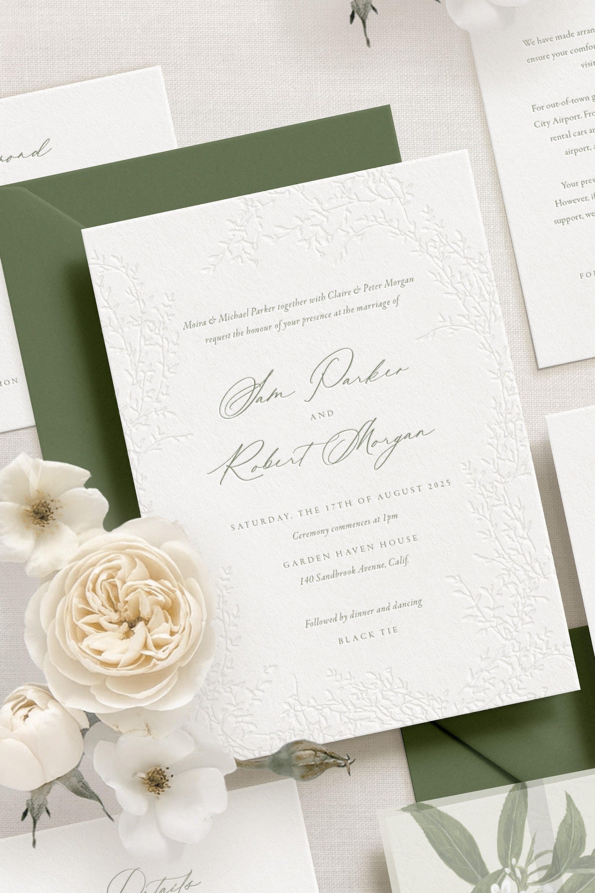 Green Letterpress Wedding Invitation Suite, Simple, Elegant Classic ...