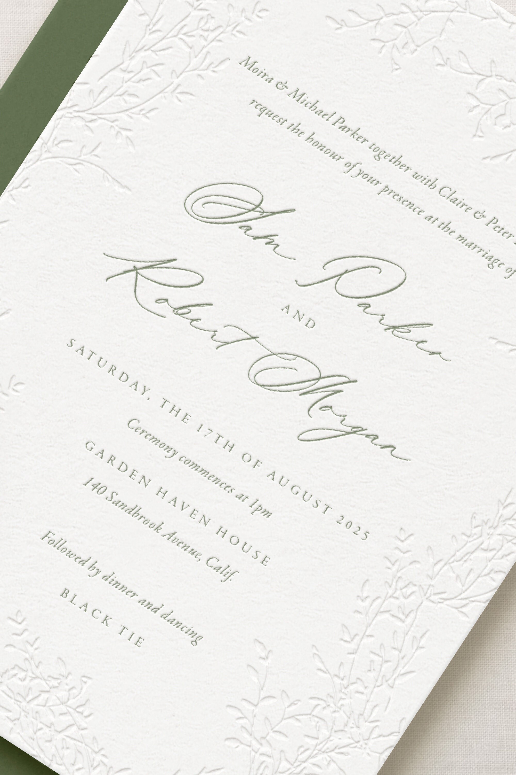 Green Letterpress Wedding Invitation Suite, Simple, Elegant Classic ...