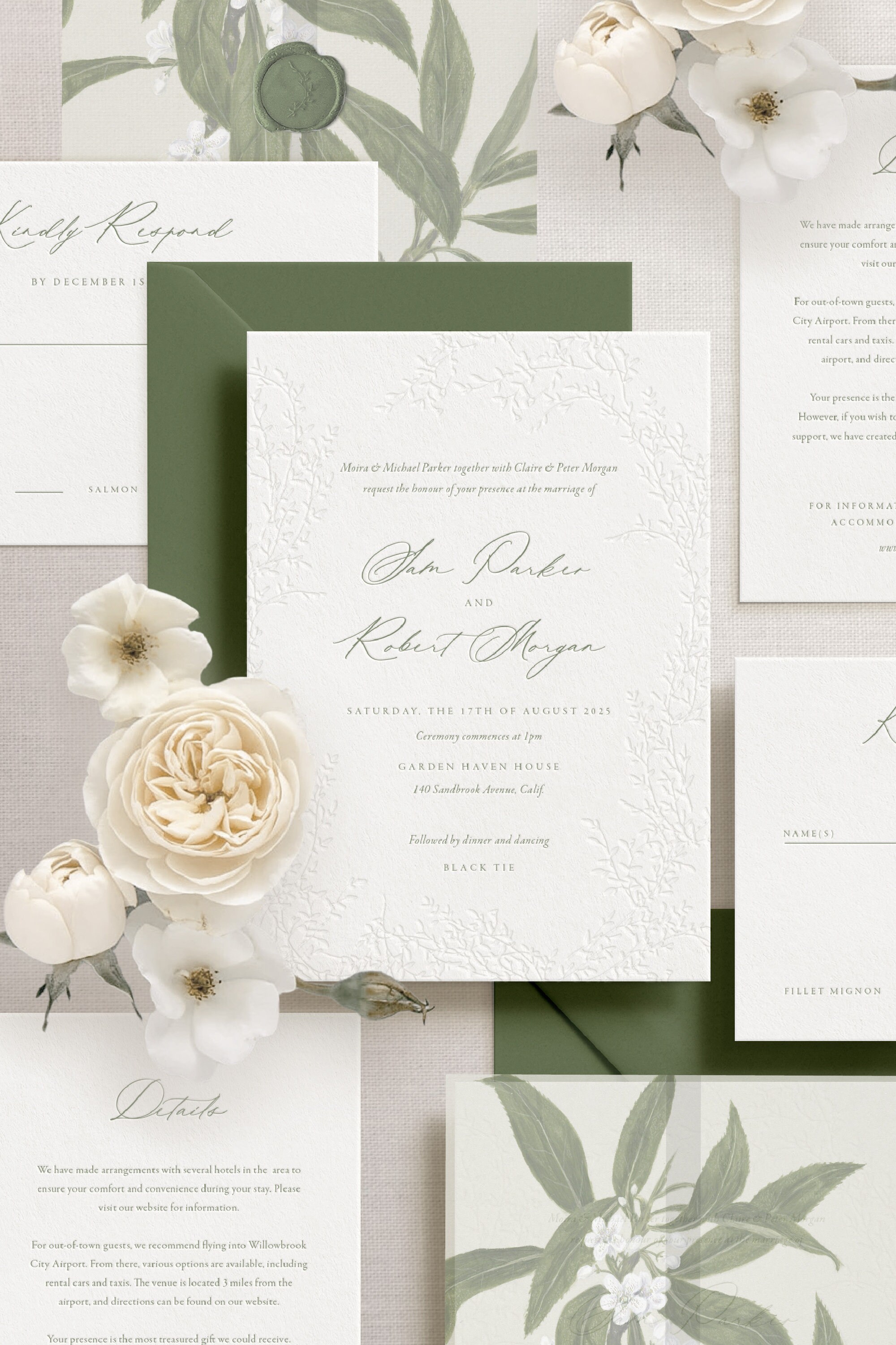 Green Letterpress Wedding Invitation Suite, Simple, Elegant Classic ...