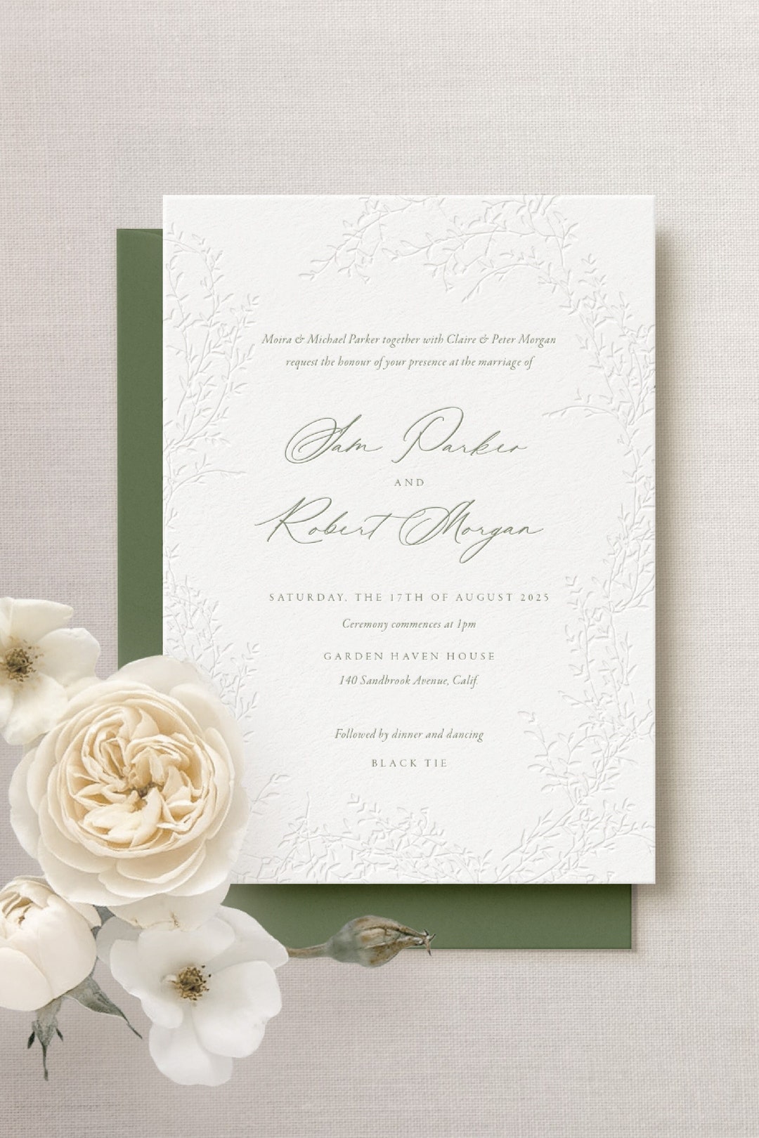 Green Letterpress Wedding Invitation Suite, Simple, Elegant Classic ...