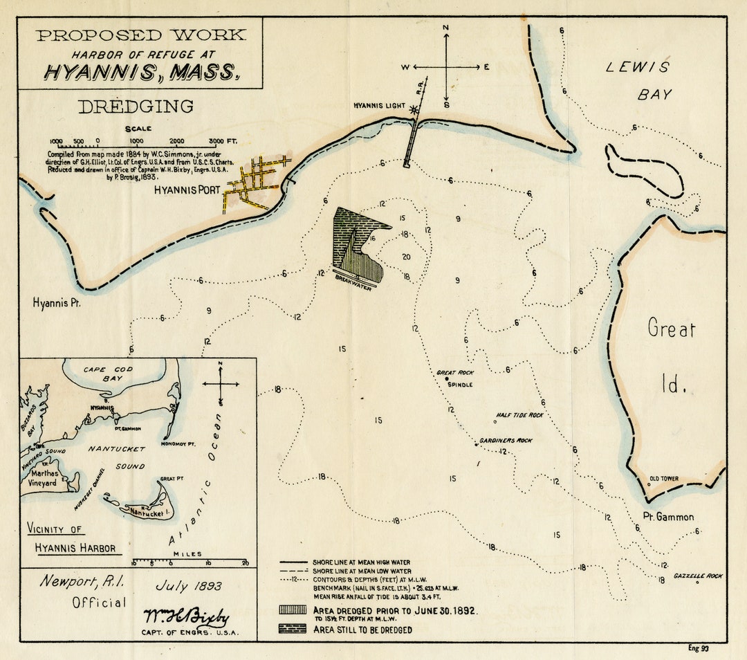 Hyannis - Harbor Dredging Map 1893 (square) - Nautical Chart Print - Etsy