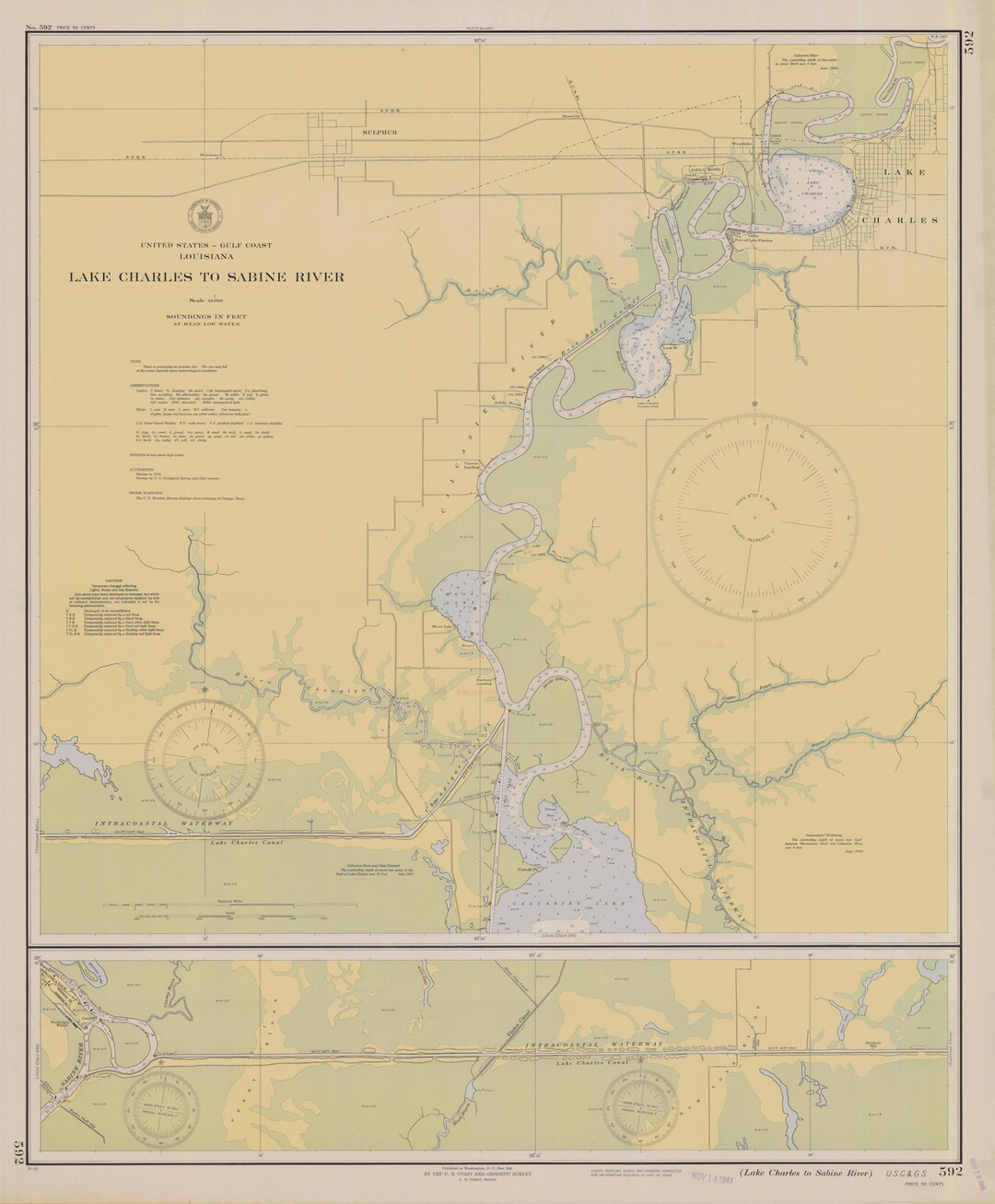 Lake Charles to Sabine River Map - 1941 - Nautical Chart Print - Etsy