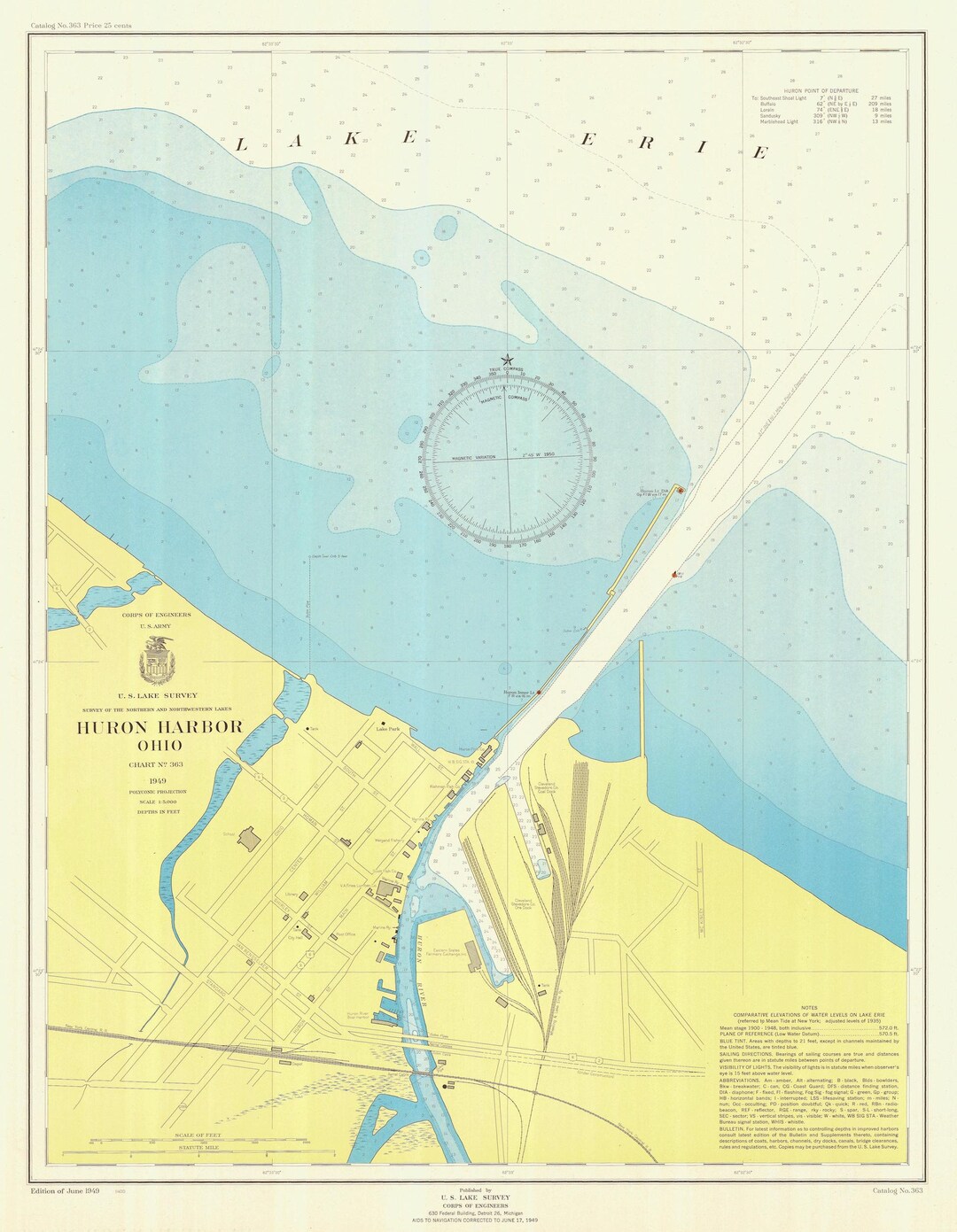 Huron Harbor Map - Lake Erie Chart 1949 - Nautical Chart Print - Etsy