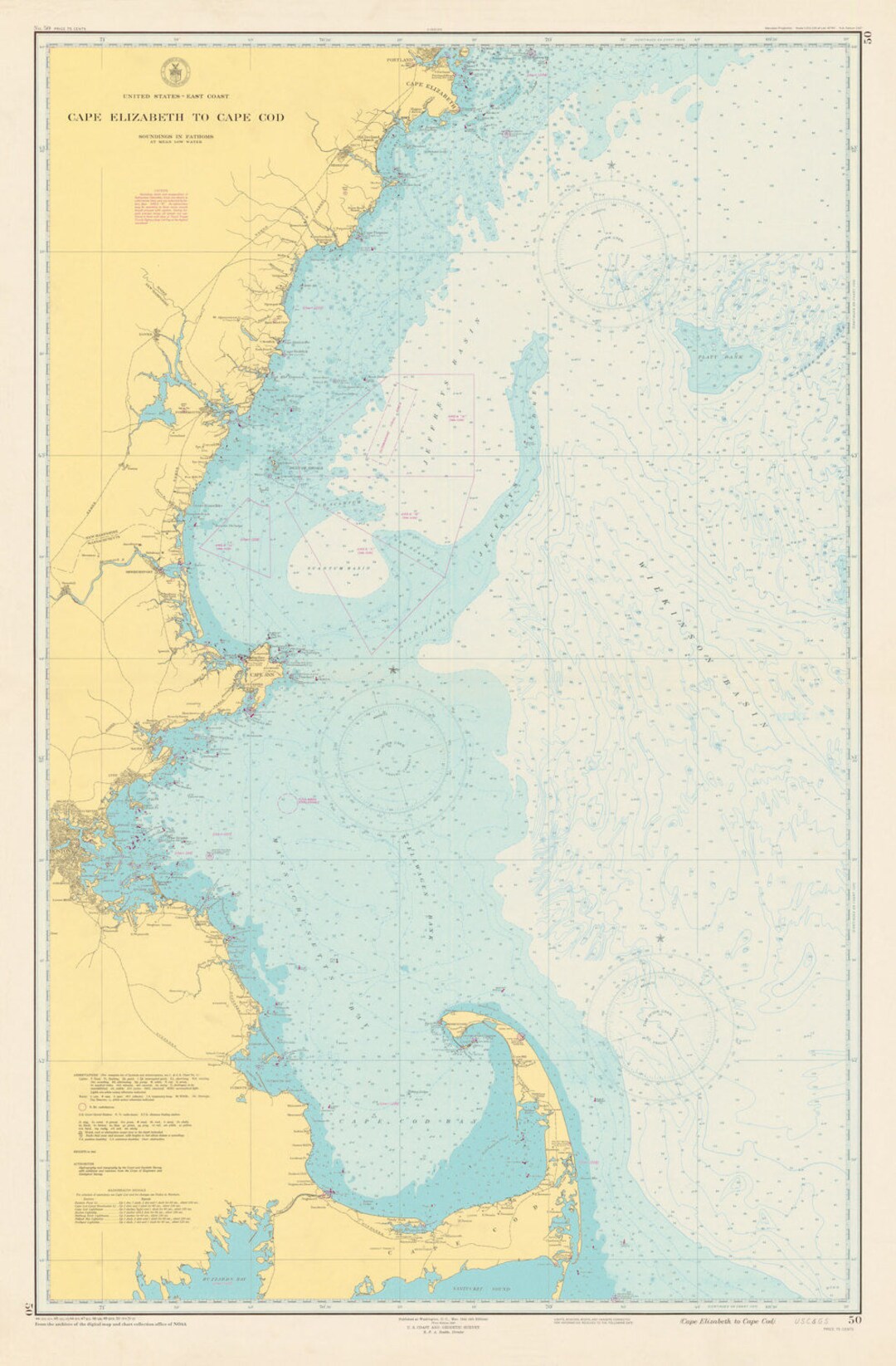Cape Cod to Cape Elizabeth Map 1951 (dark Blue) - Nautical Chart Print ...