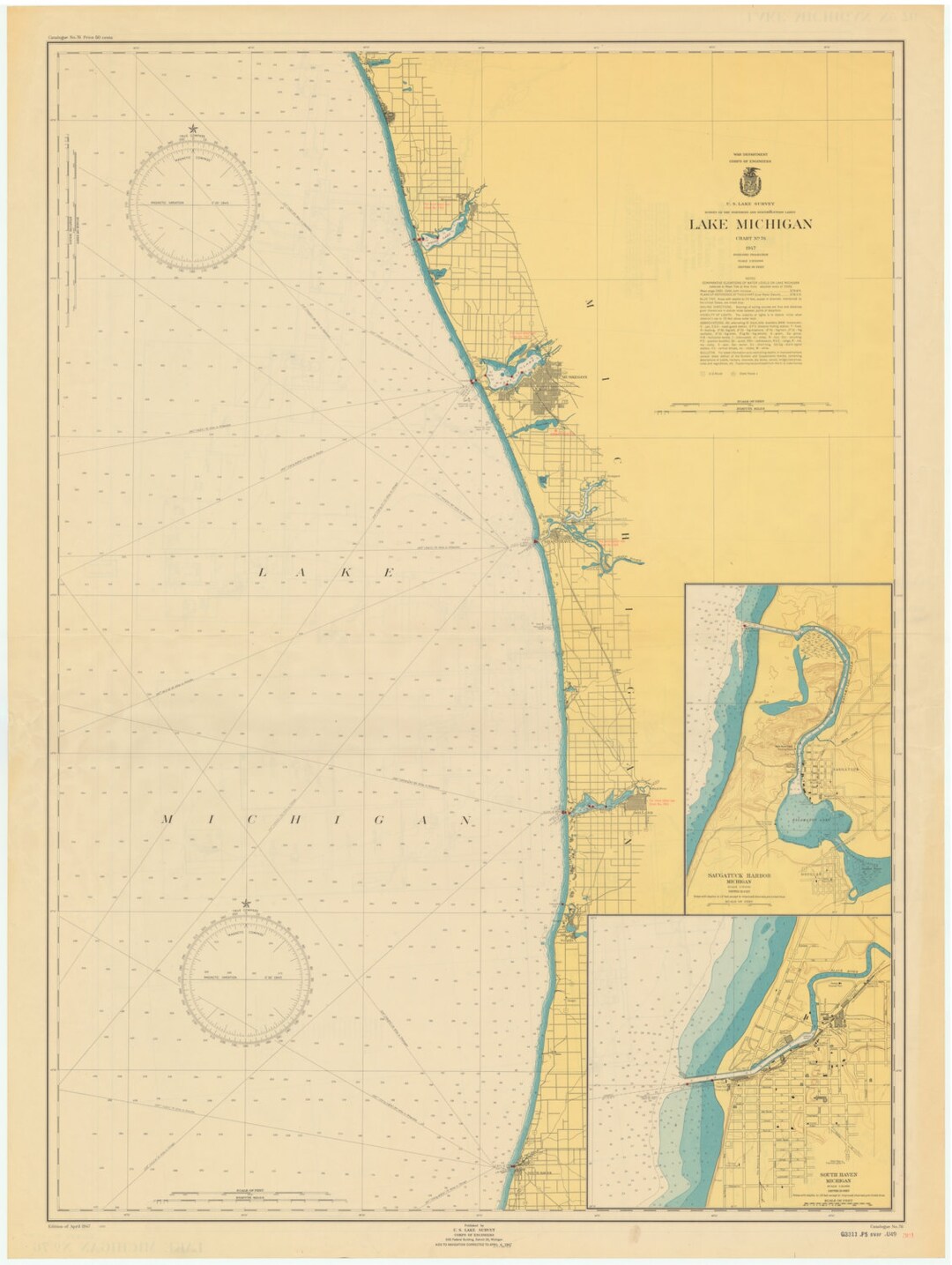 Lake Michigan - Eastern Shore Historical Map 1947 - Nautical Chart ...