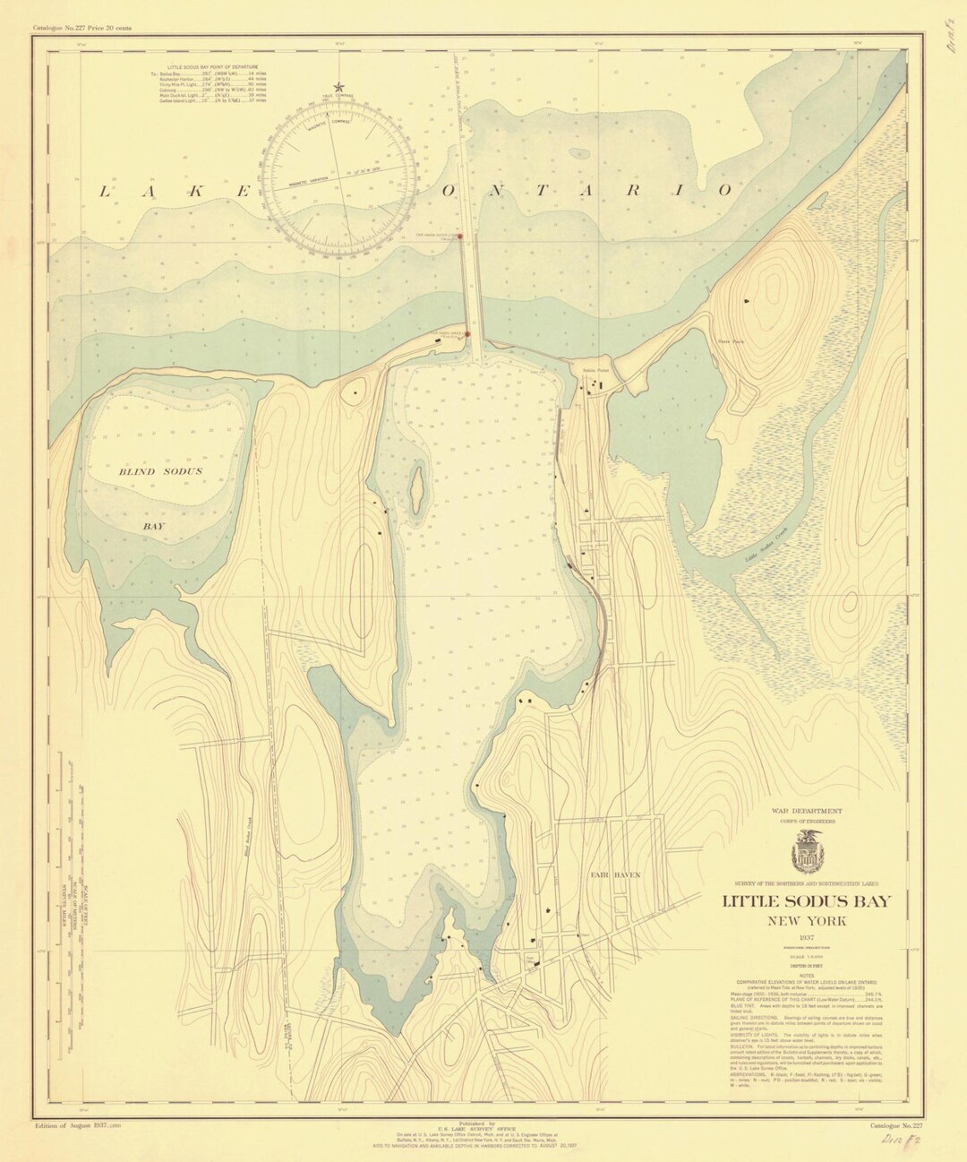Little Sodus Bay Map - Lake Ontario Historical Map 1937 - Nautical ...