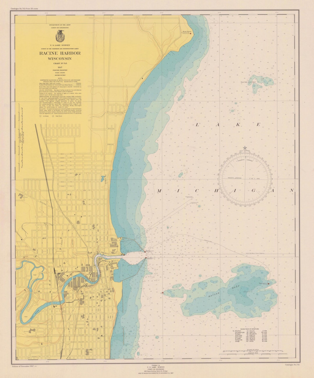 Lake Michigan Map - Racine Harbor Historical Chart 1947 - Nautical ...