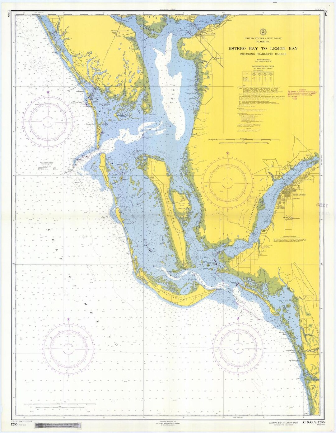Estero Bay to Lemon Bay Map - 1956 - Nautical Chart Print - Etsy
