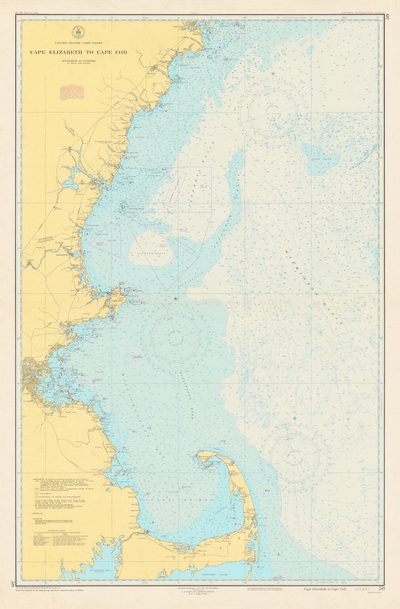Cape Cod to Cape Elizabeth Map 1951 (light Blue) - Nautical Chart Print ...