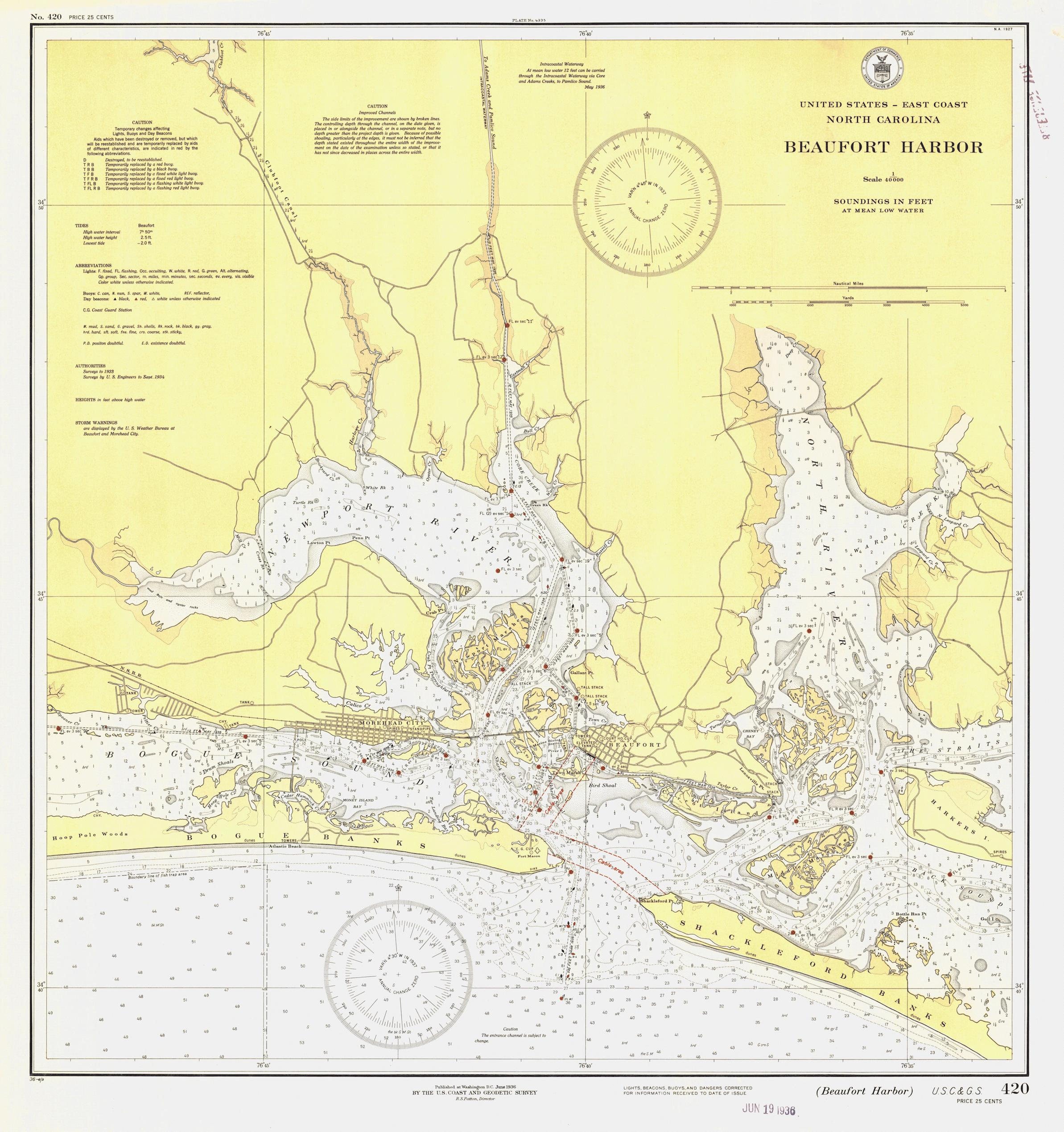 Beaufort Harbor North Carolina Historical Map 1936 | Etsy