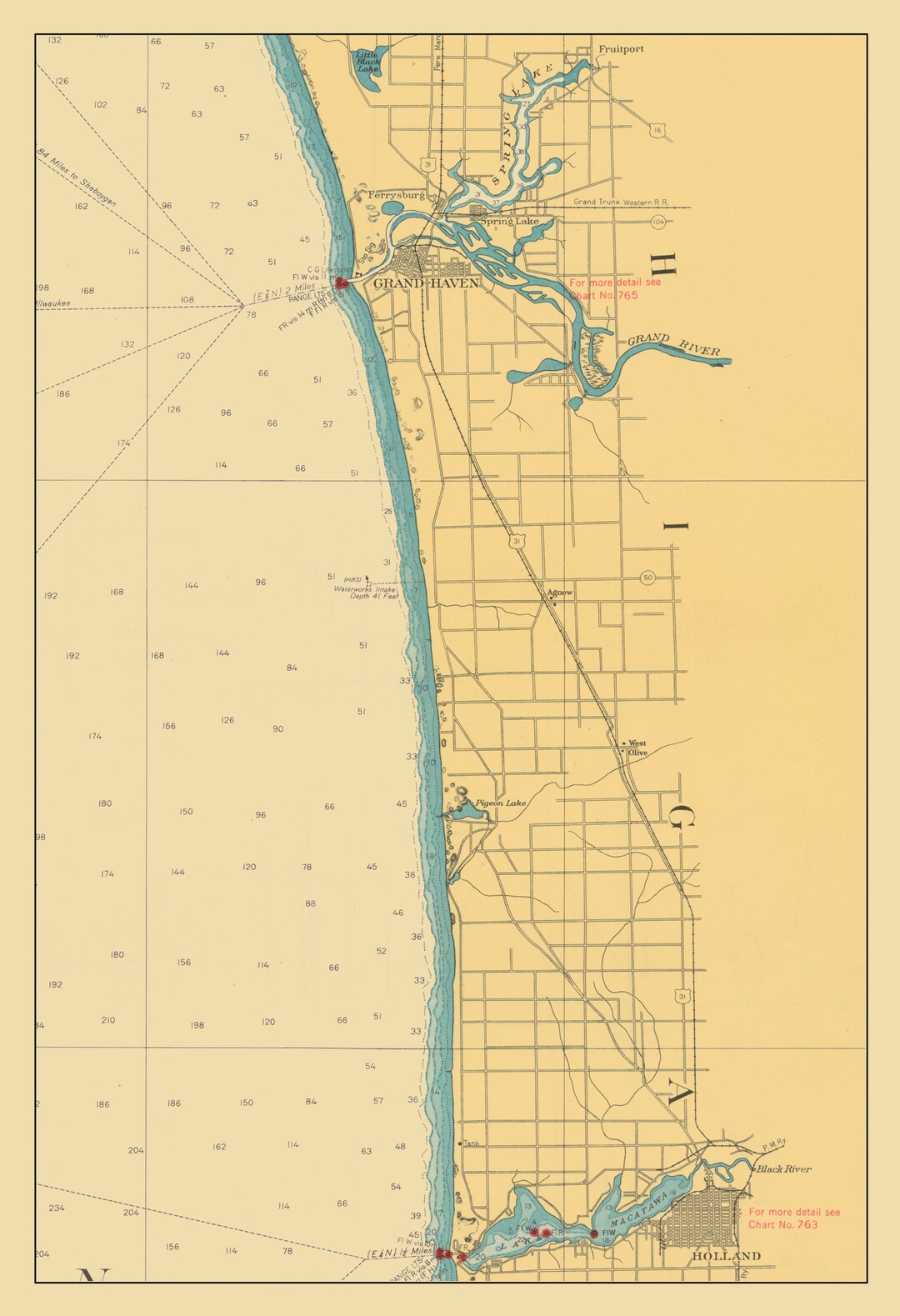 Lake Michigan Map - Grand Haven to Lake Macatawa 1947 - Nautical Chart ...