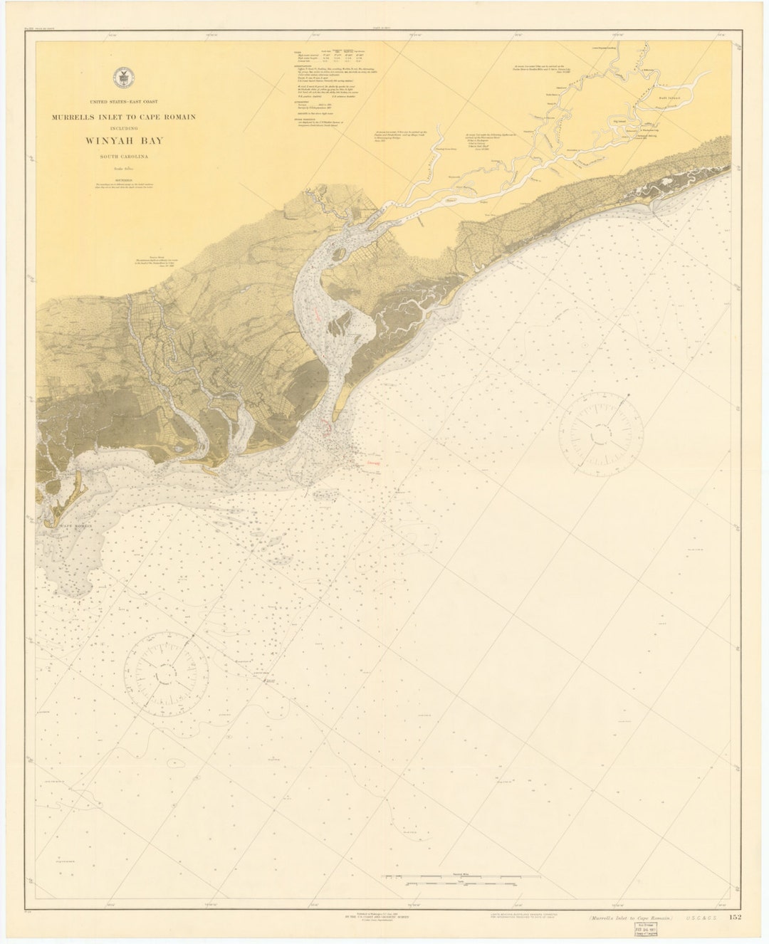 Winyah Bay Map - Murrell's Inlet to Cape Romain 1919 - Nautical Chart ...