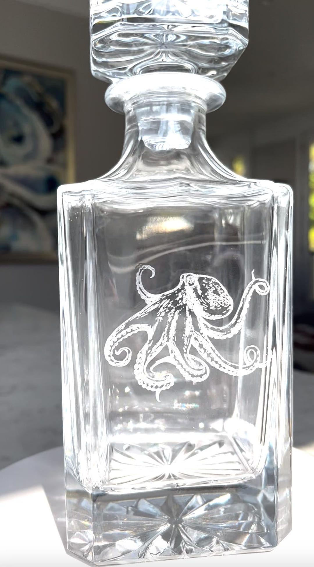 Octopus Engraved Whiskey Decanter - 26oz Square Crystal Decanter With ...