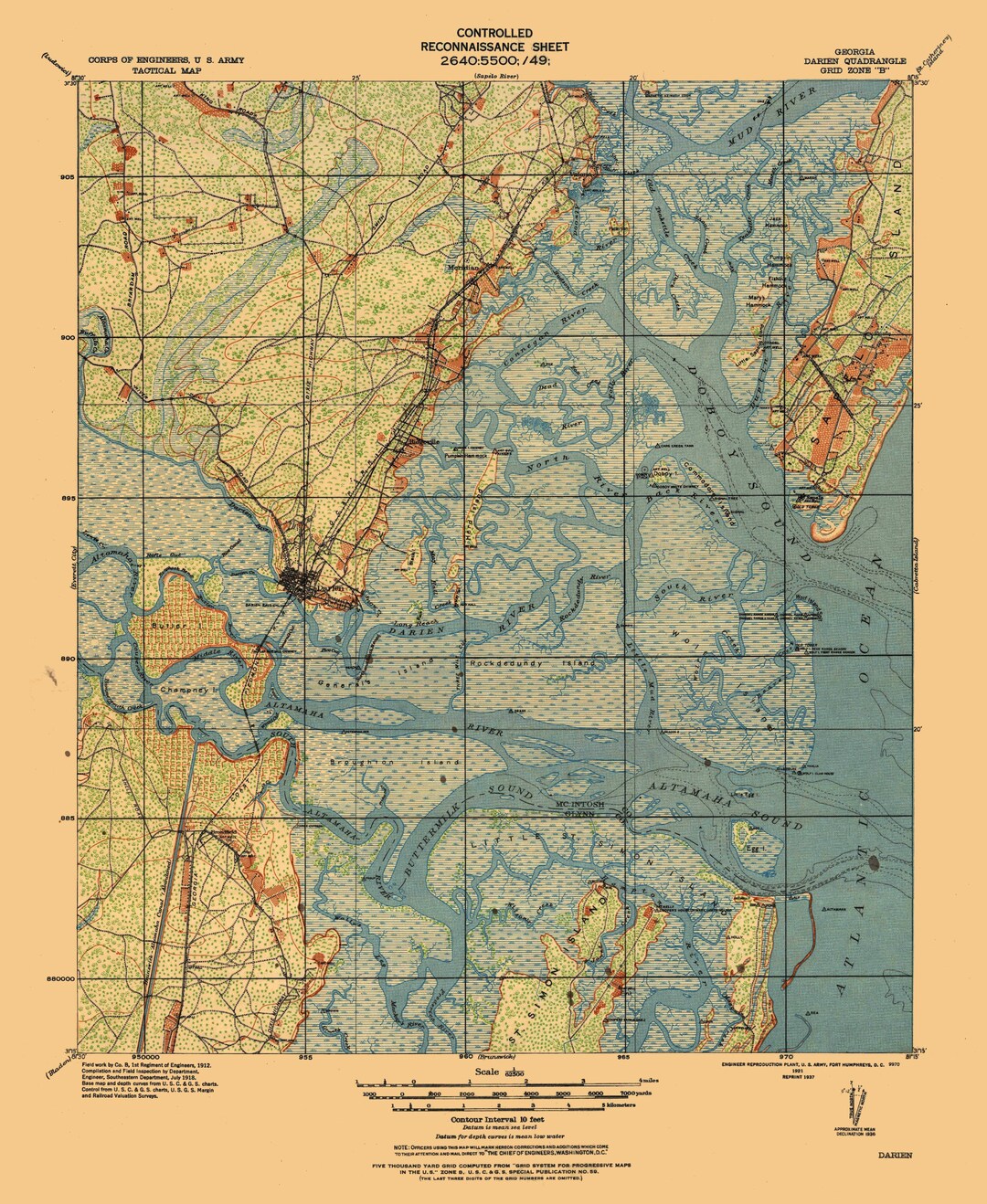 Darien Georgia Topographical Map - 1921 - Nautical Chart Print - Etsy