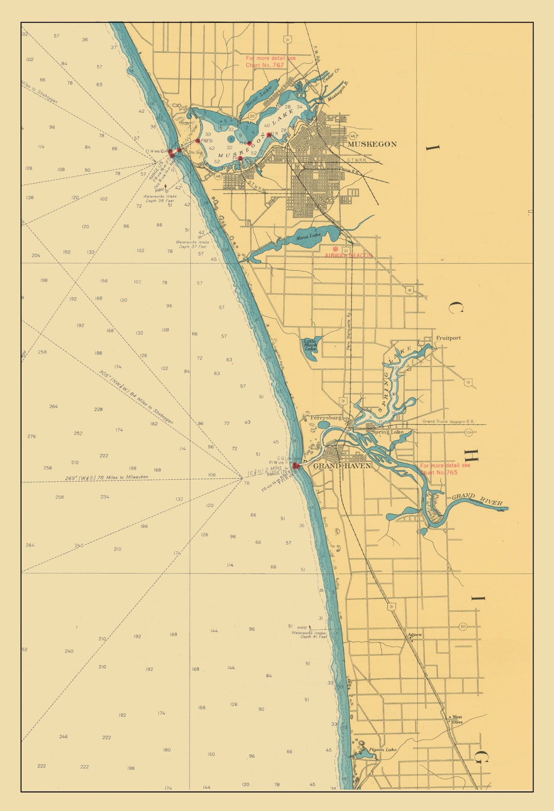 Lake Michigan Map - Muskegon to Pigeon Lake 1947 - Nautical Chart Print ...