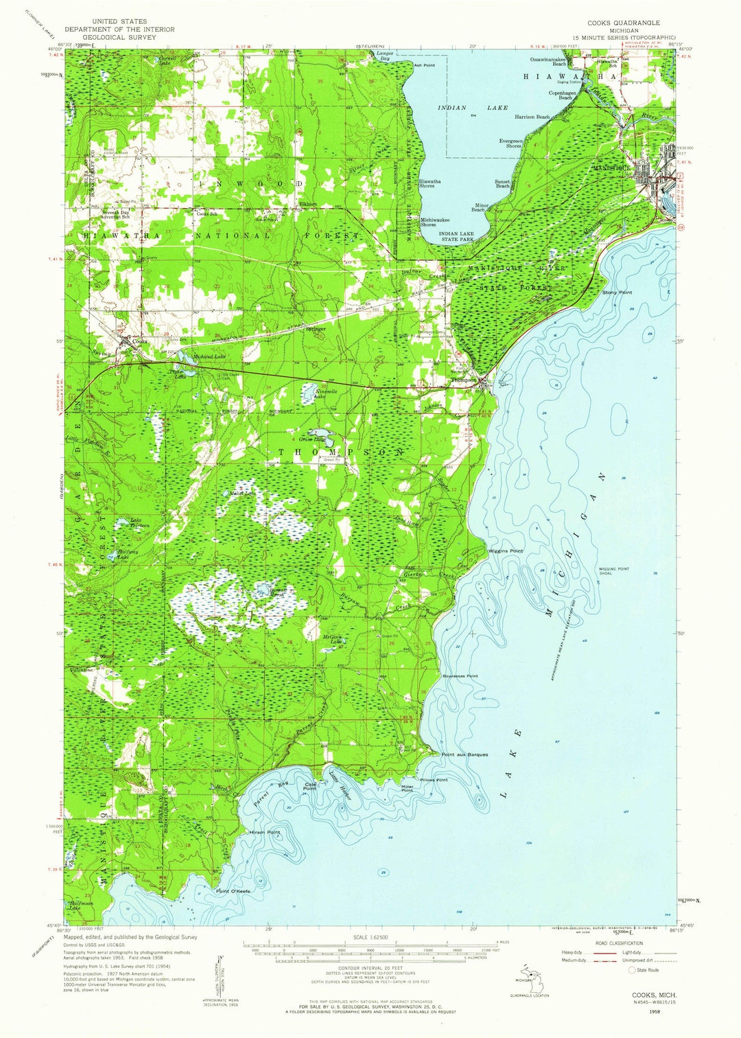 Cooks, Michigan Topographic Map - 1958 - Nautical Chart Print - Etsy