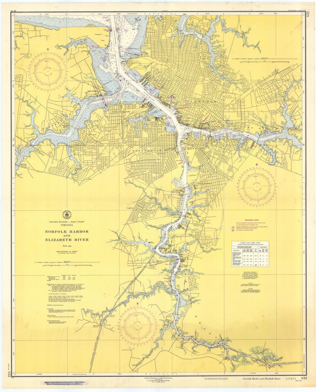 Norfolk Harbor Map & Elizabeth River - Virginia Chart - 1952 - Nautical ...
