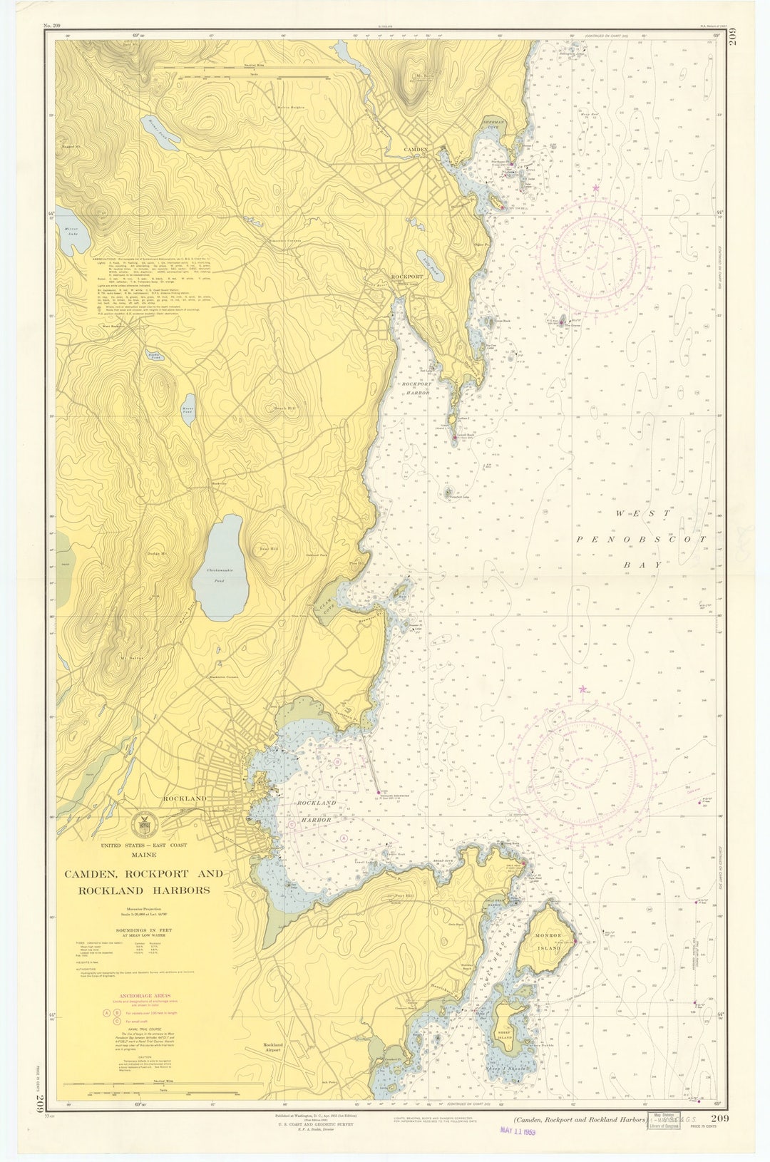 Camden, Rockport and Rockland Harbors Map 1953 - Nautical Chart Print ...