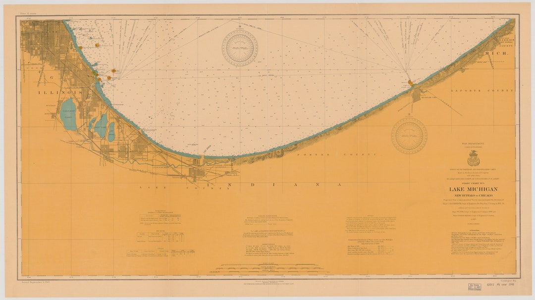Lake Michigan Map - New Buffalo to Chicago 1907 - Nautical Chart Print ...