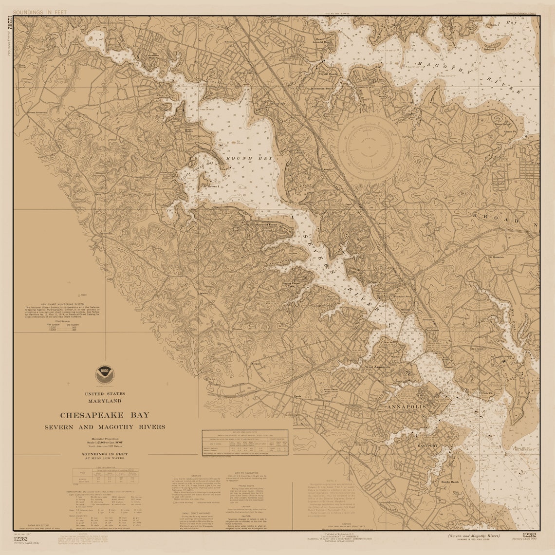 Chesapeake Bay Map - Severn River Map 1977 (sepia) - Nautical Chart ...