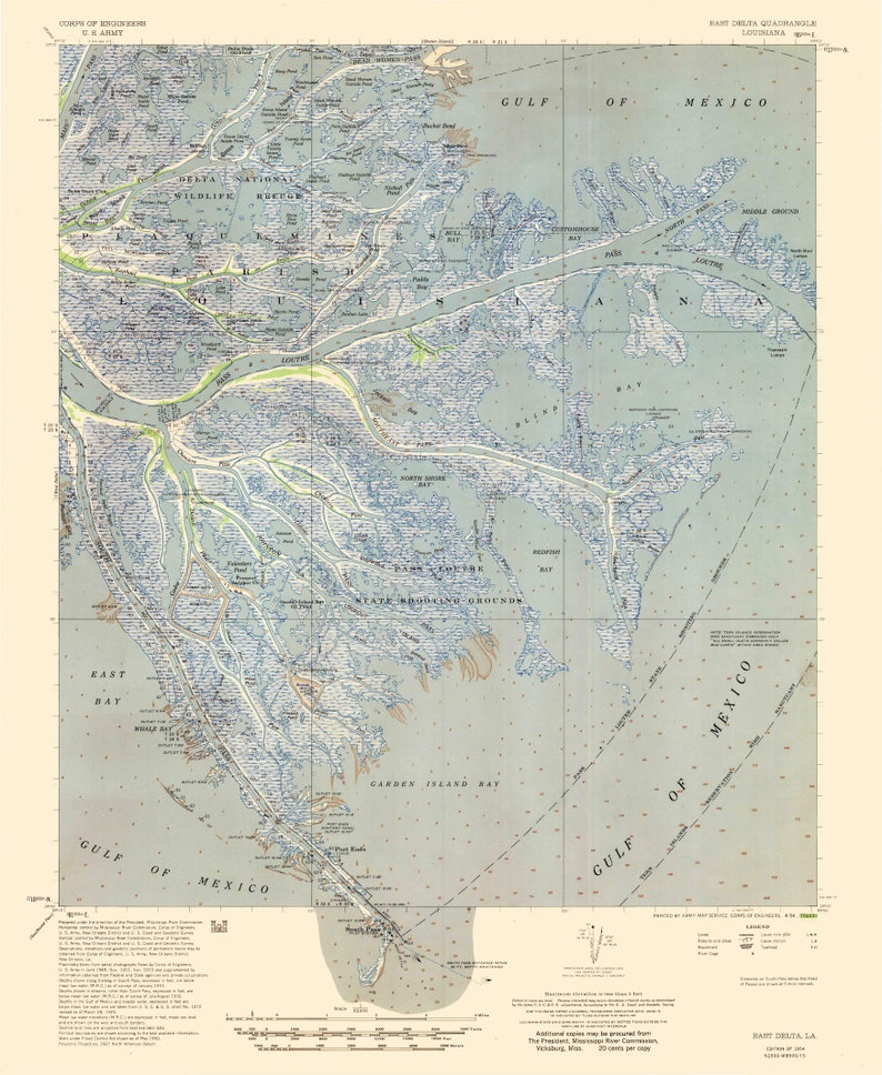 Mississippi River Delta East Map - 1954 - Etsy