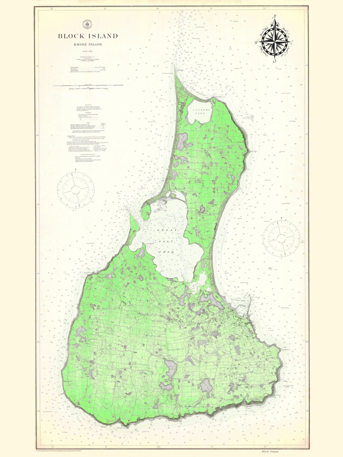 Block Island Map - 1914 (fun Green) - Nautical Chart Print - Etsy
