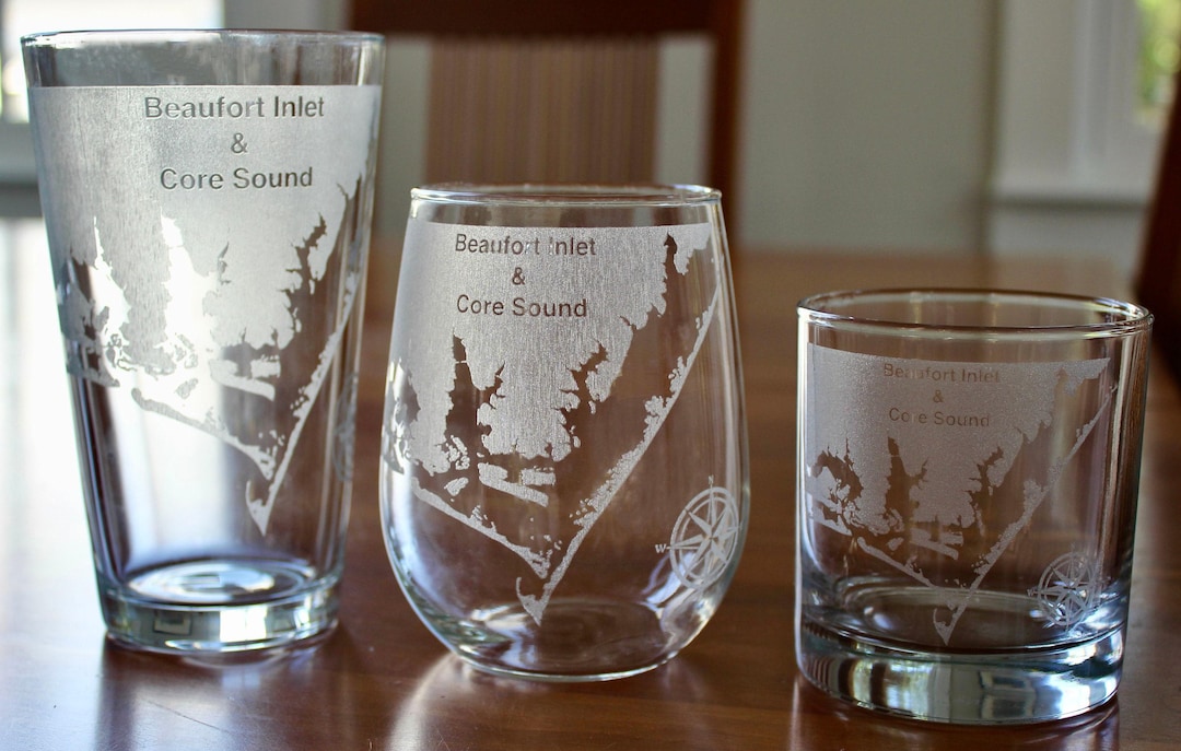 Beaufort Inlet & Core NC Sound Map Engraved Glasses - Etsy
