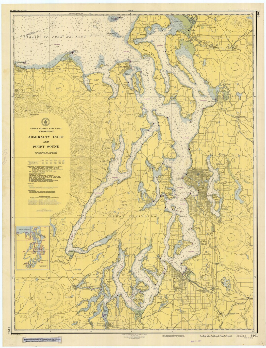 Puget Sound Map & Admiralty Inlet 1948 - Nautical Chart Print - Etsy