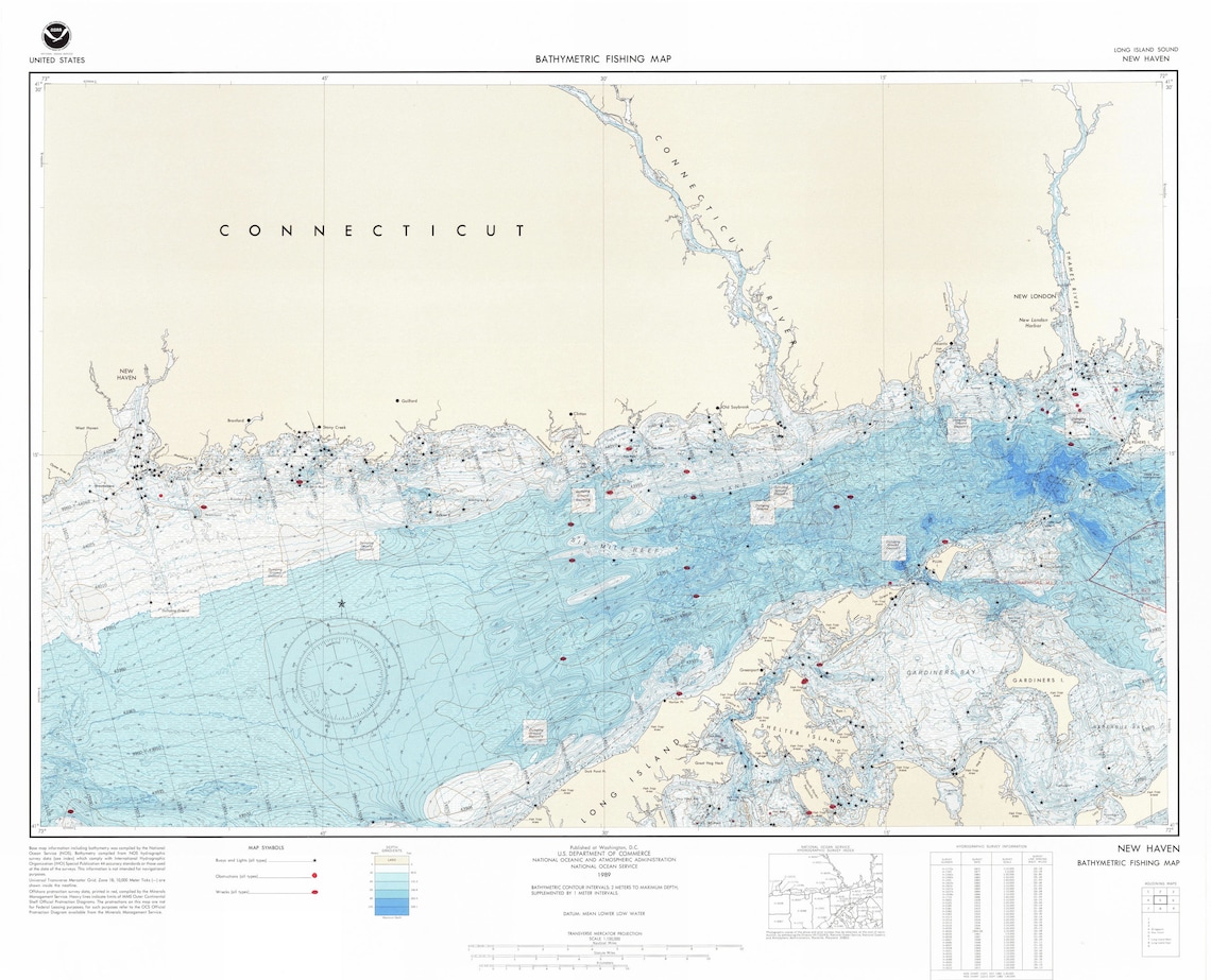 New Haven Bathymetric Fishing Map Nautical Chart Print - Etsy