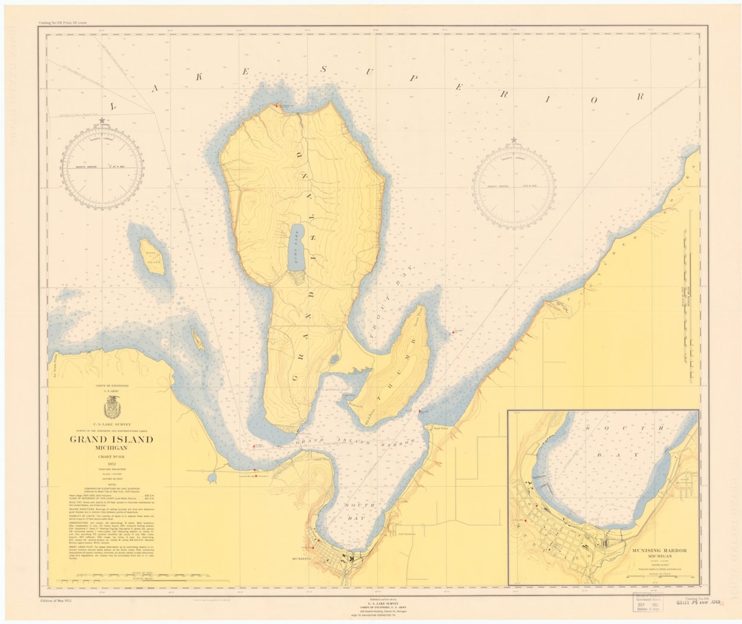 Grand Island Map - Michigan - Lake Superior 1952 - Nautical Chart Print ...